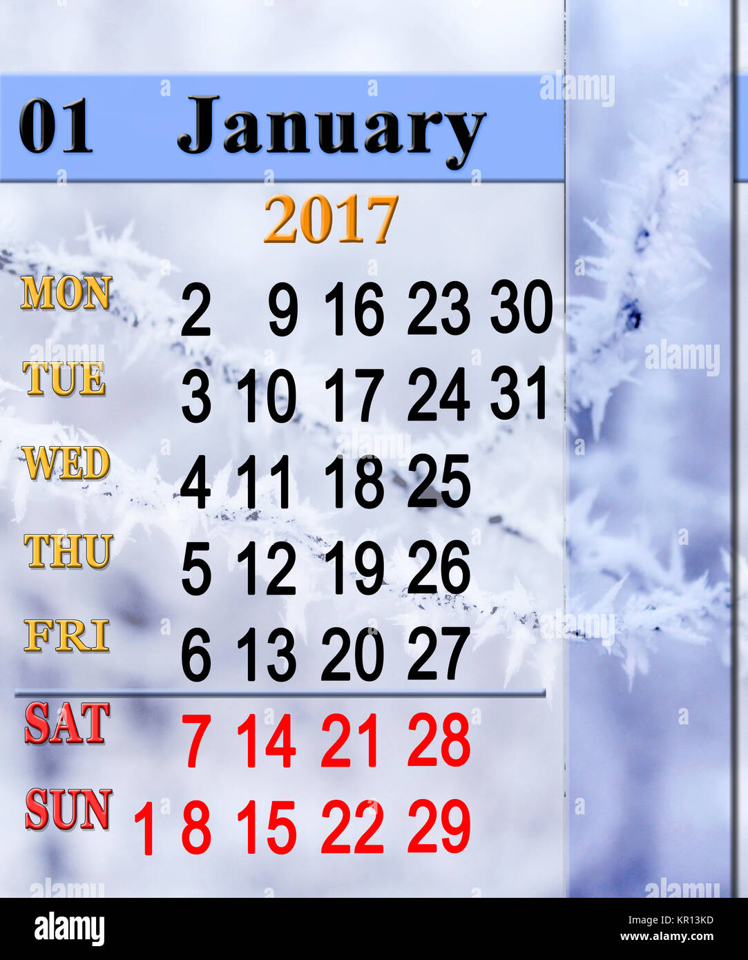 calendar for January 2017 with hoar-frost Stock Photo - Alamy