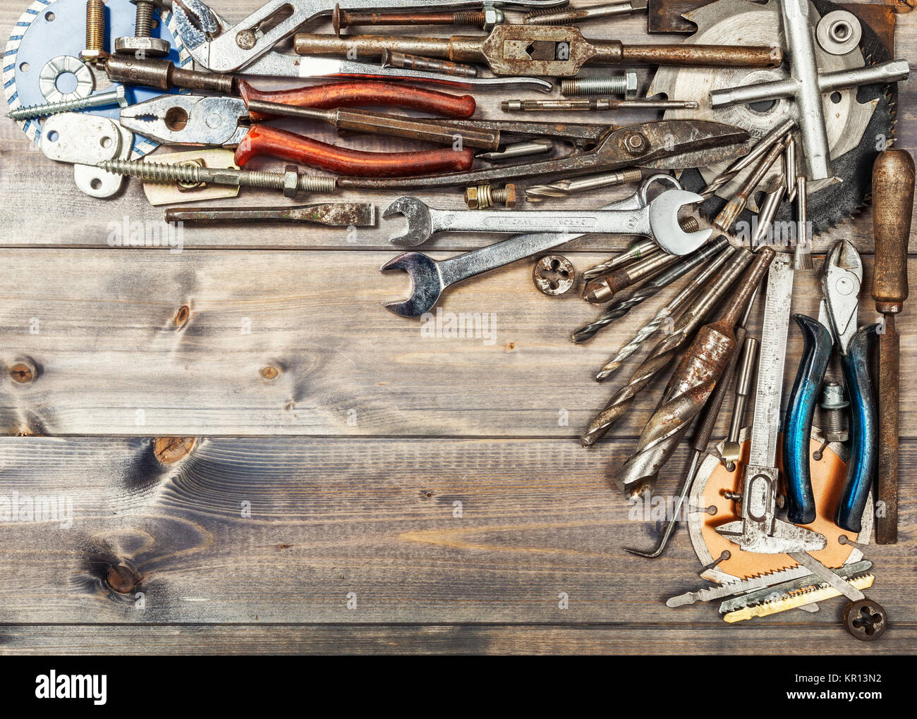 Tool background. Old vintage metal tools collection on wooden workbench ...
