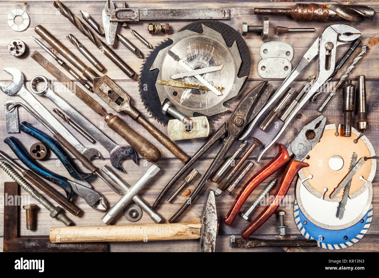 Tool background. Old vintage metal tools collection on wooden workbench ...