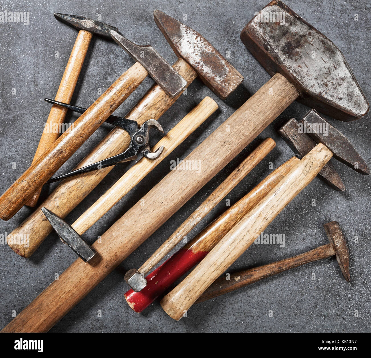 Tool background. Old vintage hammer and pincers tools collection on ...