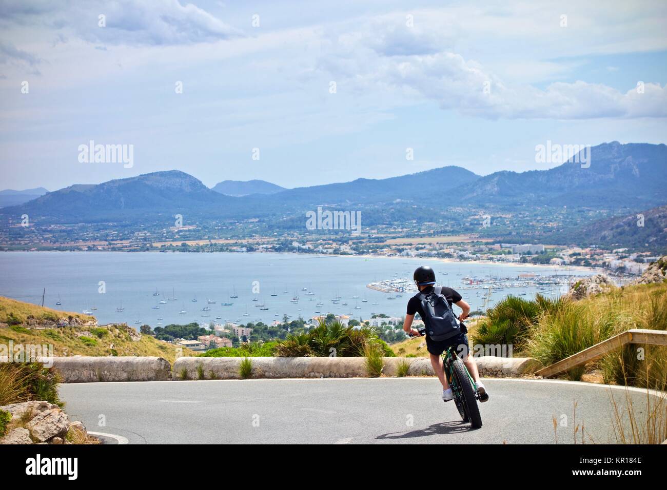 Downhill e-bike in Majorca with scenic mountains and Mediterran Sea in ...