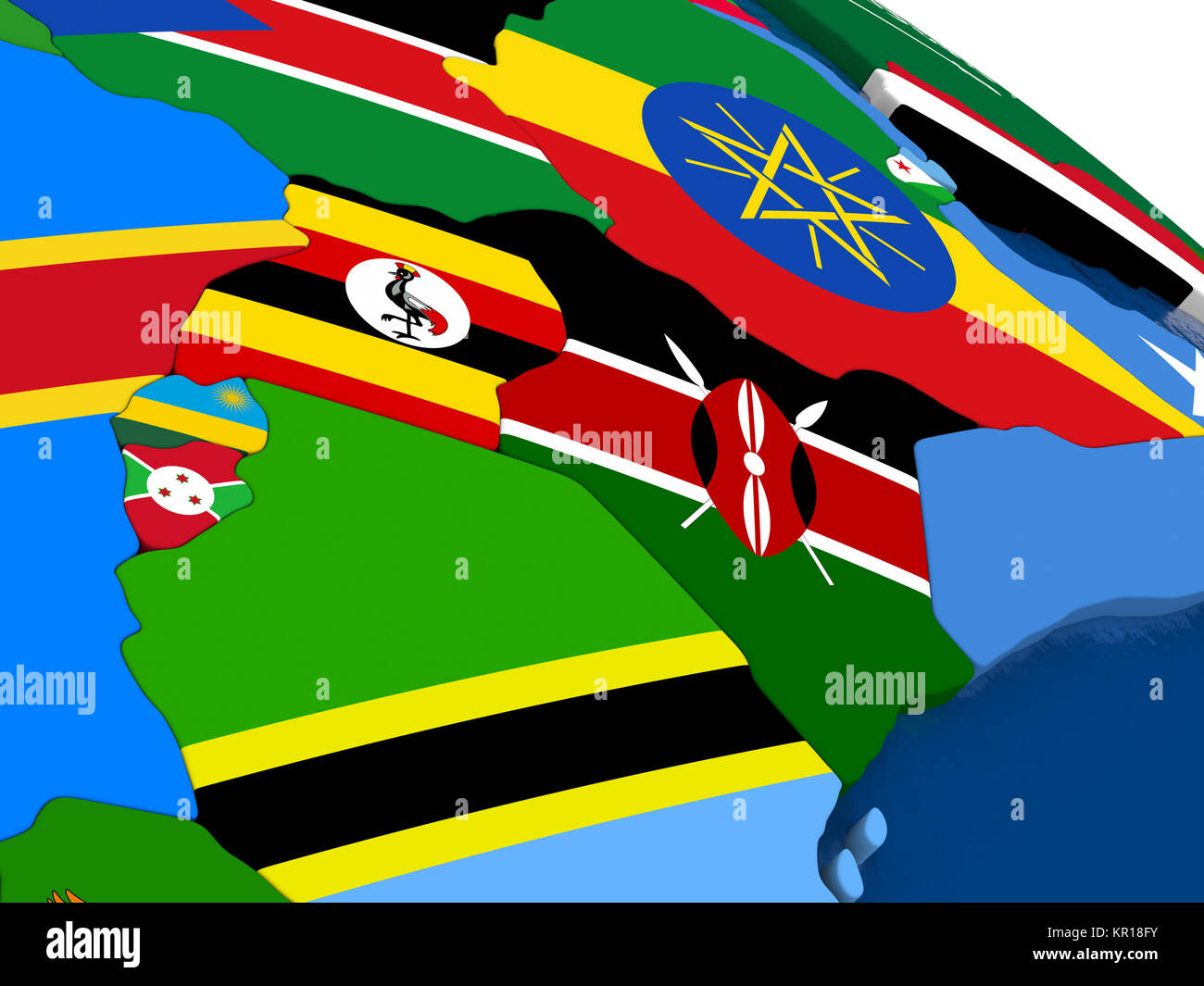 Kenya, Uganda, Rwanda and Burundi on 3D map with flags Stock Photo - Alamy