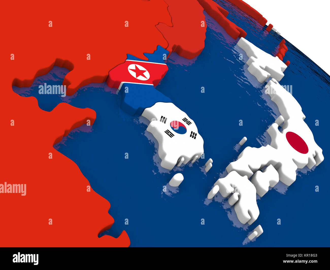 South Korean and North Korea on 3D map with flags Stock Photo - Alamy