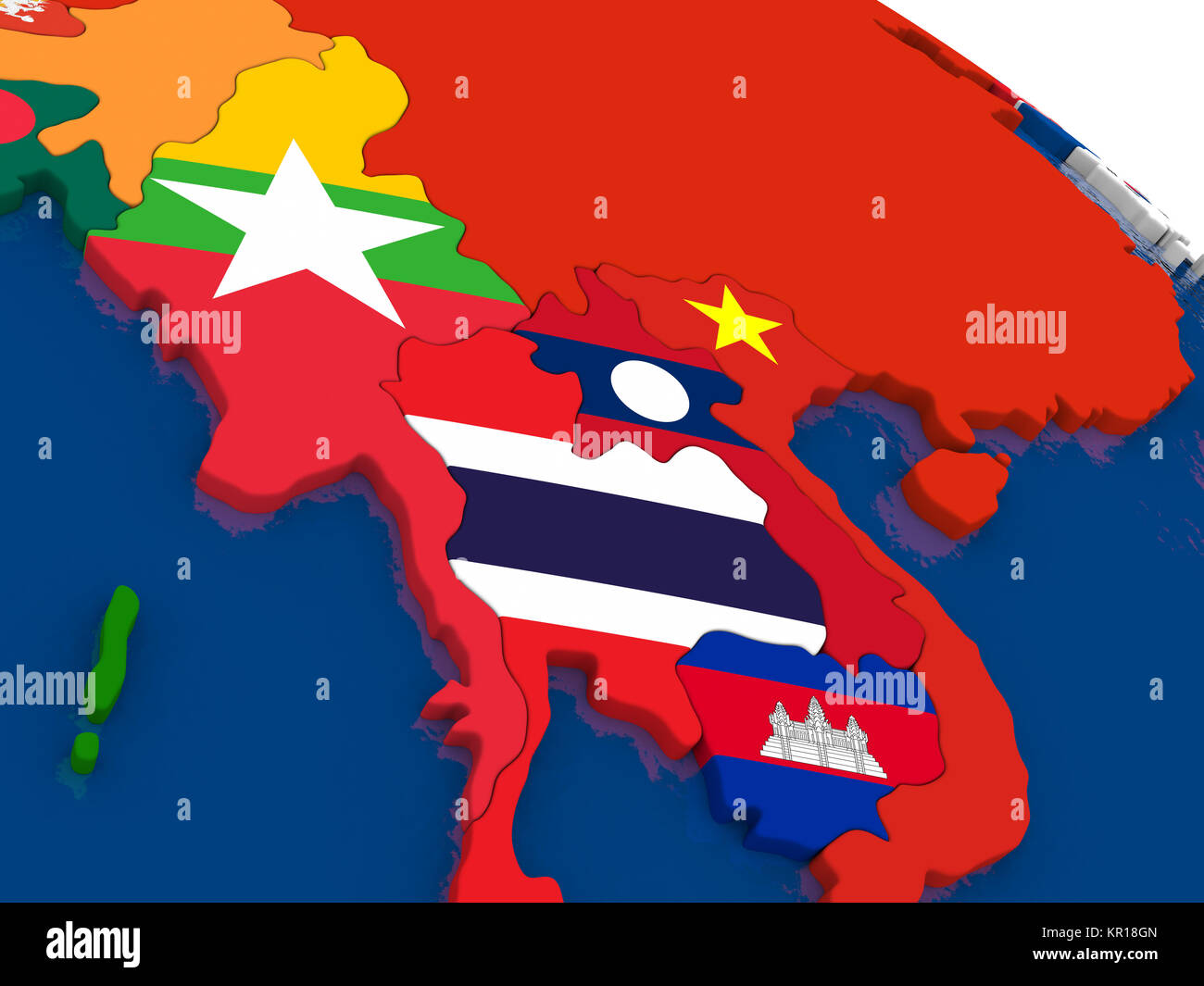 Myanmar on 3D map with flags Stock Photo - Alamy