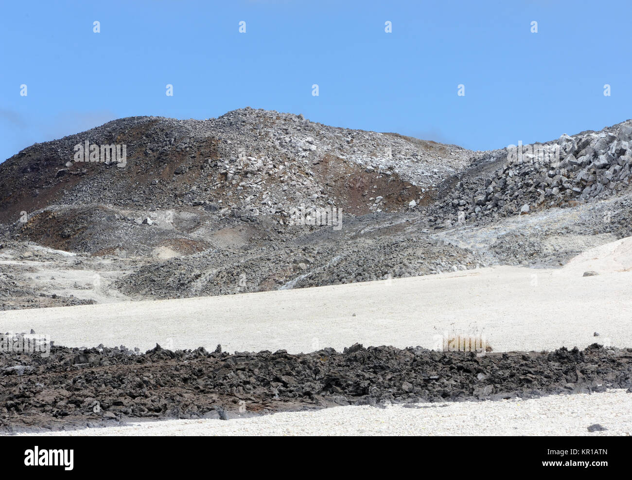 Eroded sulphur minerals below active fumaroles look like white sand and ...