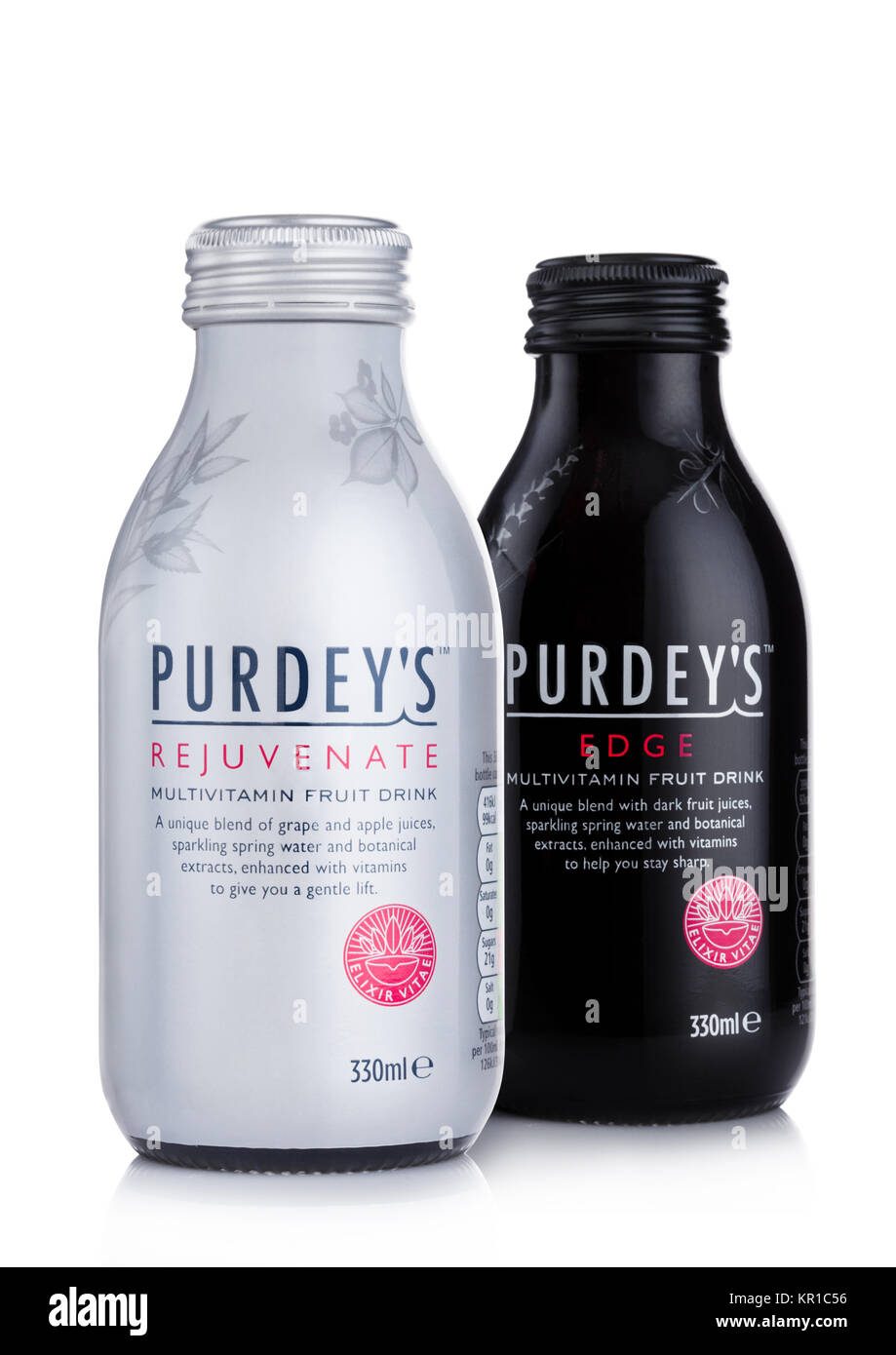 LONDON, UK -DECEMBER 15, 2017: Bottles of Purdey's multivitamin juice ...