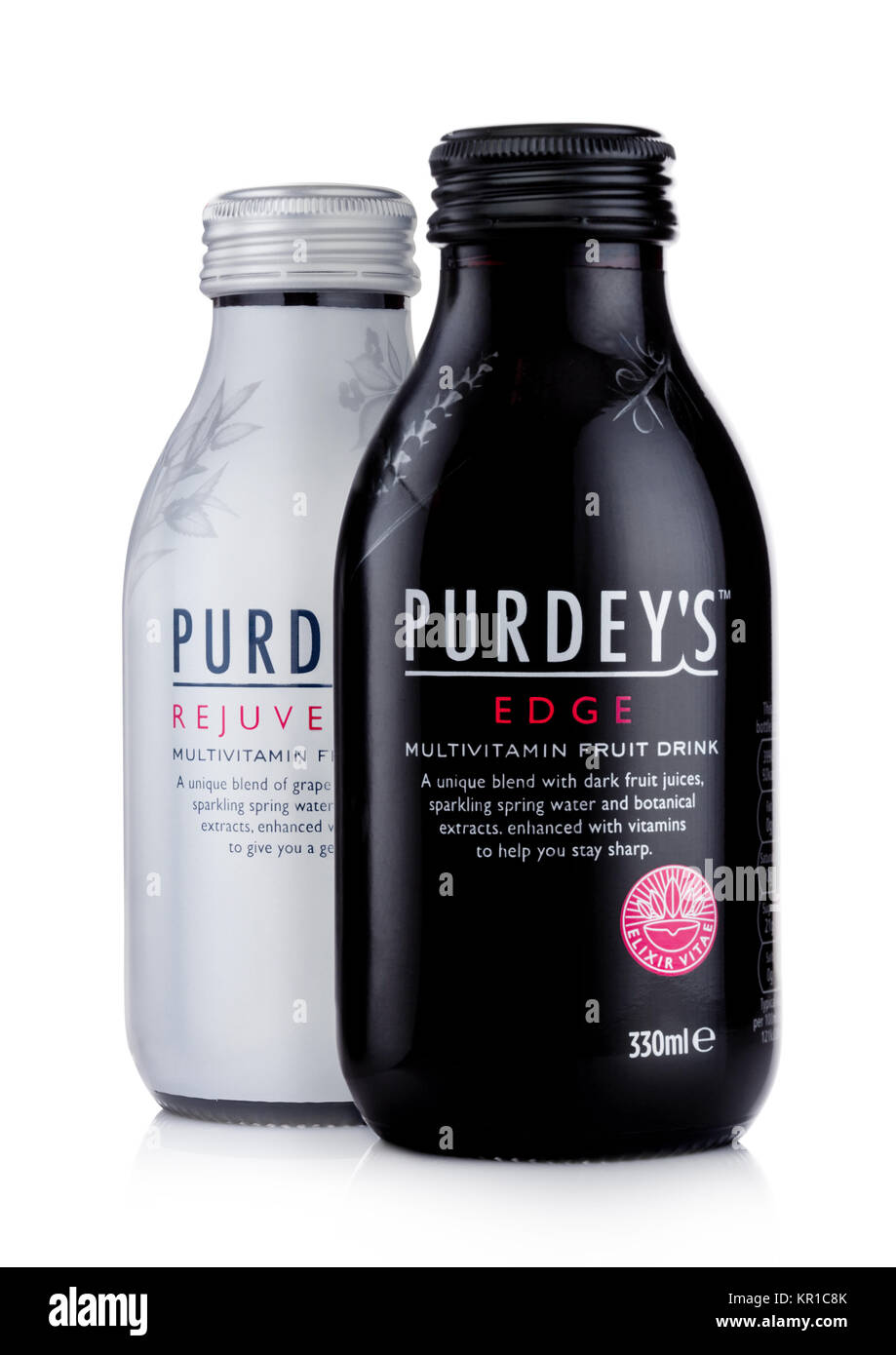 LONDON, UK -DECEMBER 15, 2017: Bottles of Purdey's multivitamin juice ...