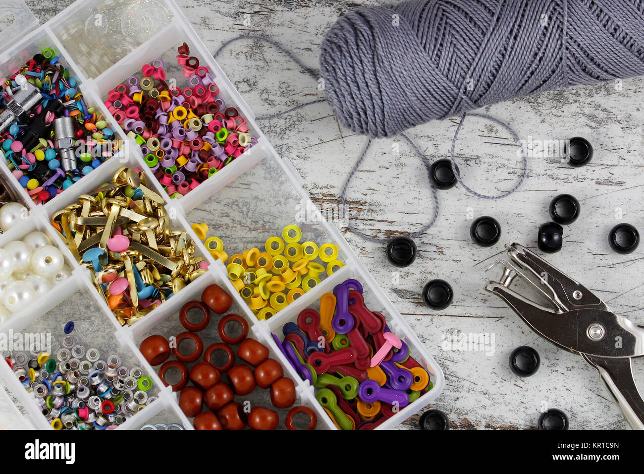 Box with accessories for handcrafts and needlework, in a wood ...