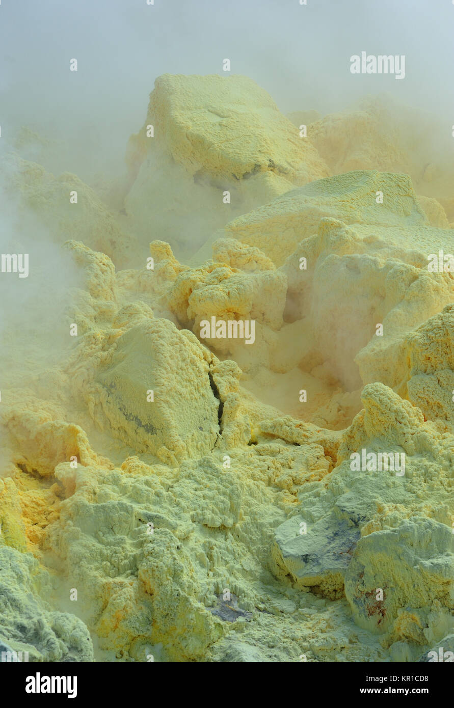 Clouds of sulphuric acid laden steam billow from active fumaroles and ...