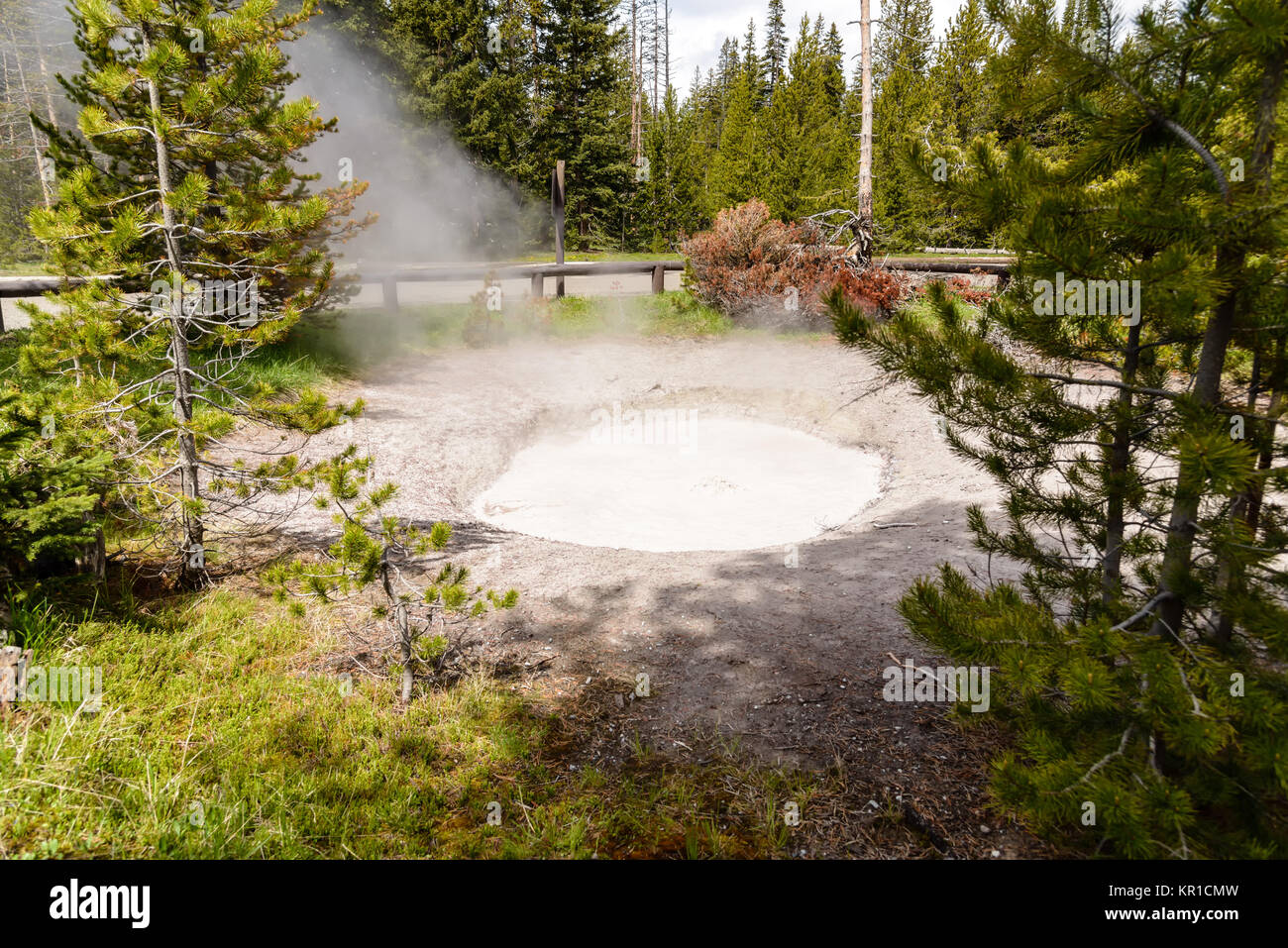 Steaming aqua hot spring, with people on boardwalk, Yellowstone Stock ...