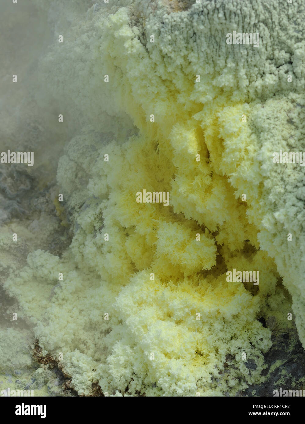 Crystals of sulphur form round active fumaroles within the caldera of ...