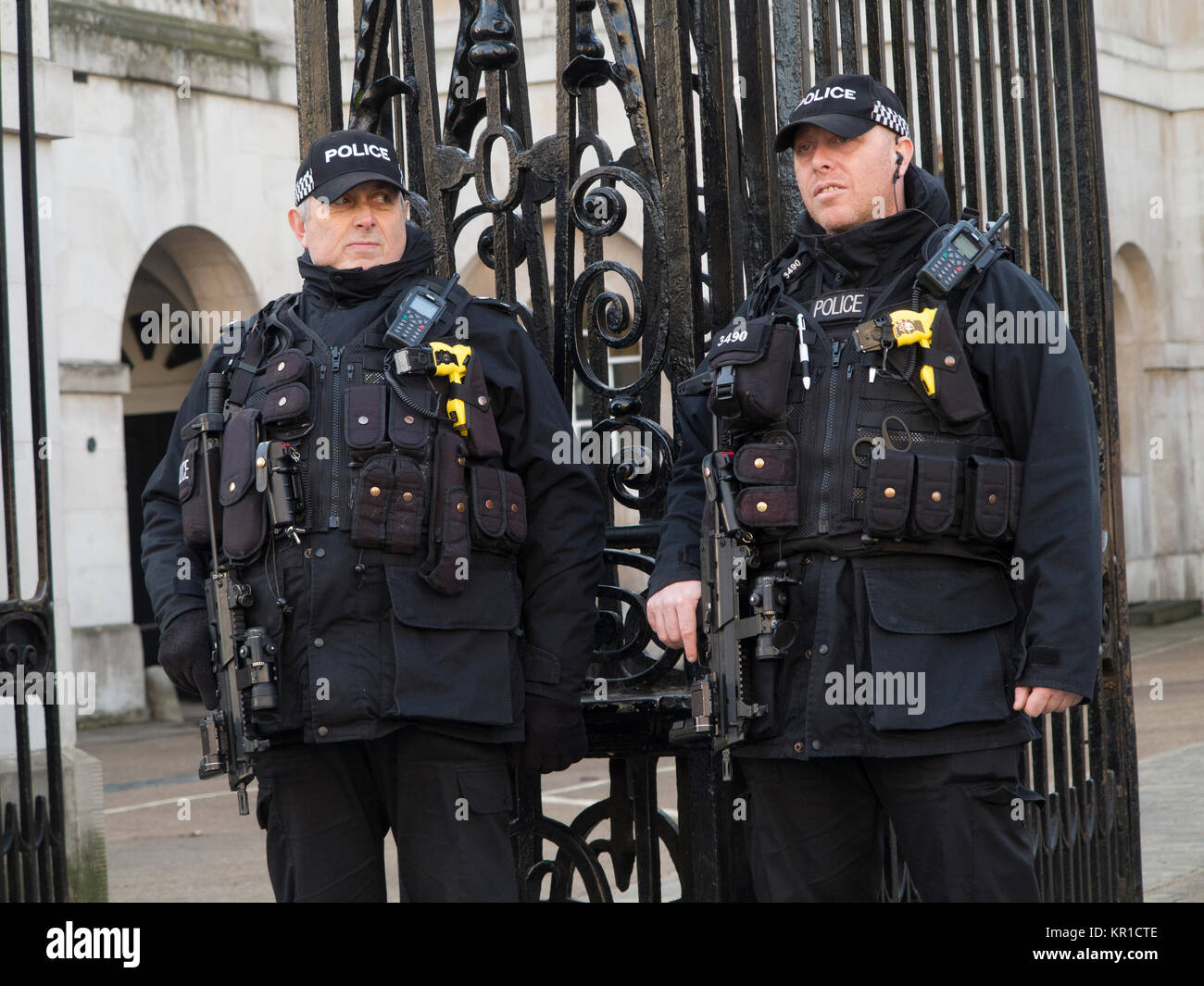 Two heavily armed policeman on duty outside Horseguard's Parade in ...