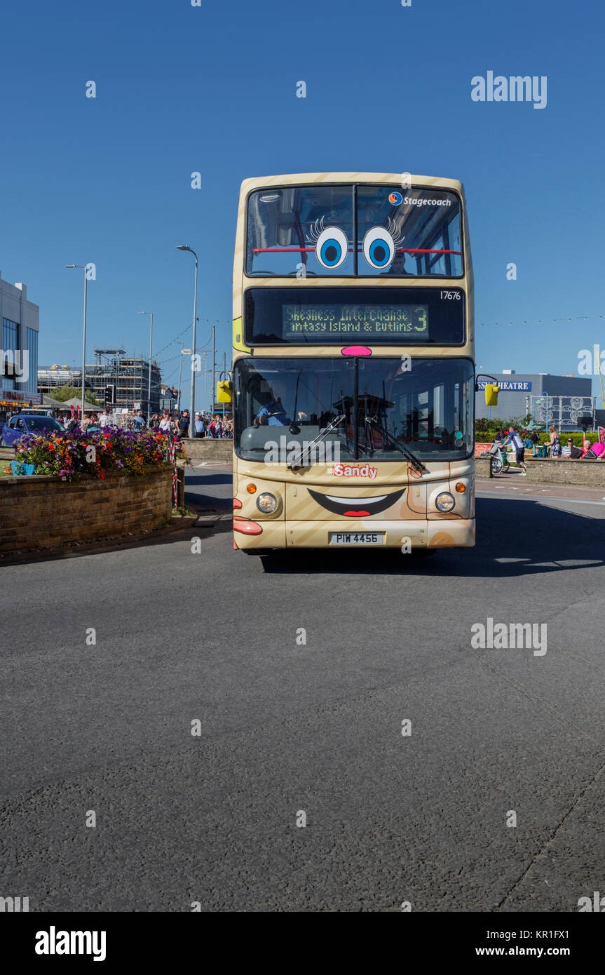 Painted face on a Double deck bus in Skegness Lincolnshire UK Stock ...