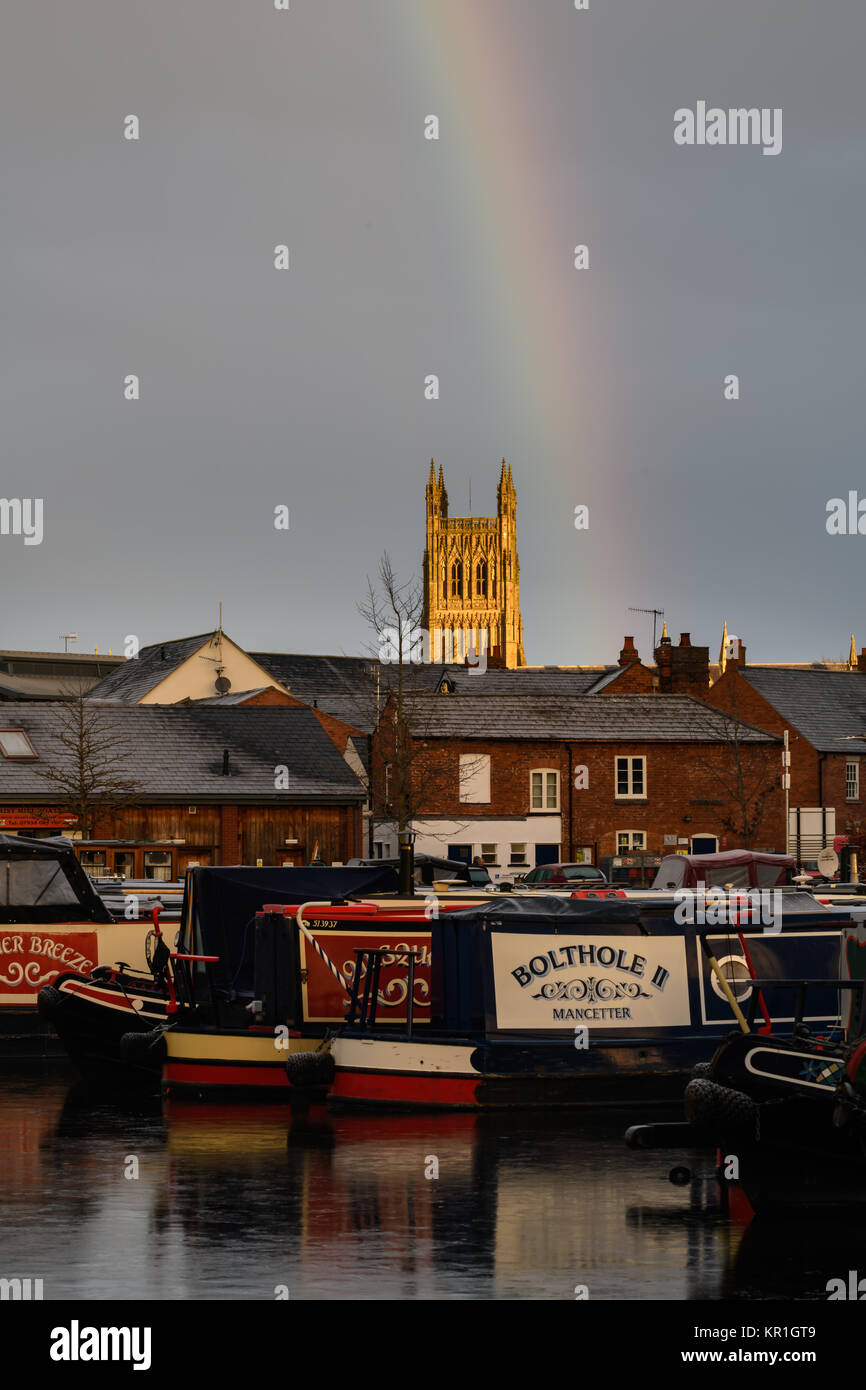Canal boats and cathedral with a rainbow Stock Photo - Alamy