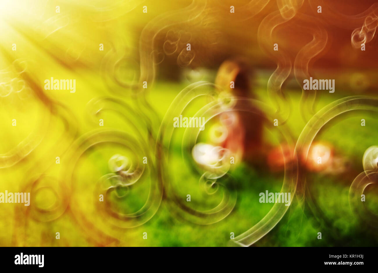 Horizontal girl in park bokeh abstraction with light leak backgr Stock ...