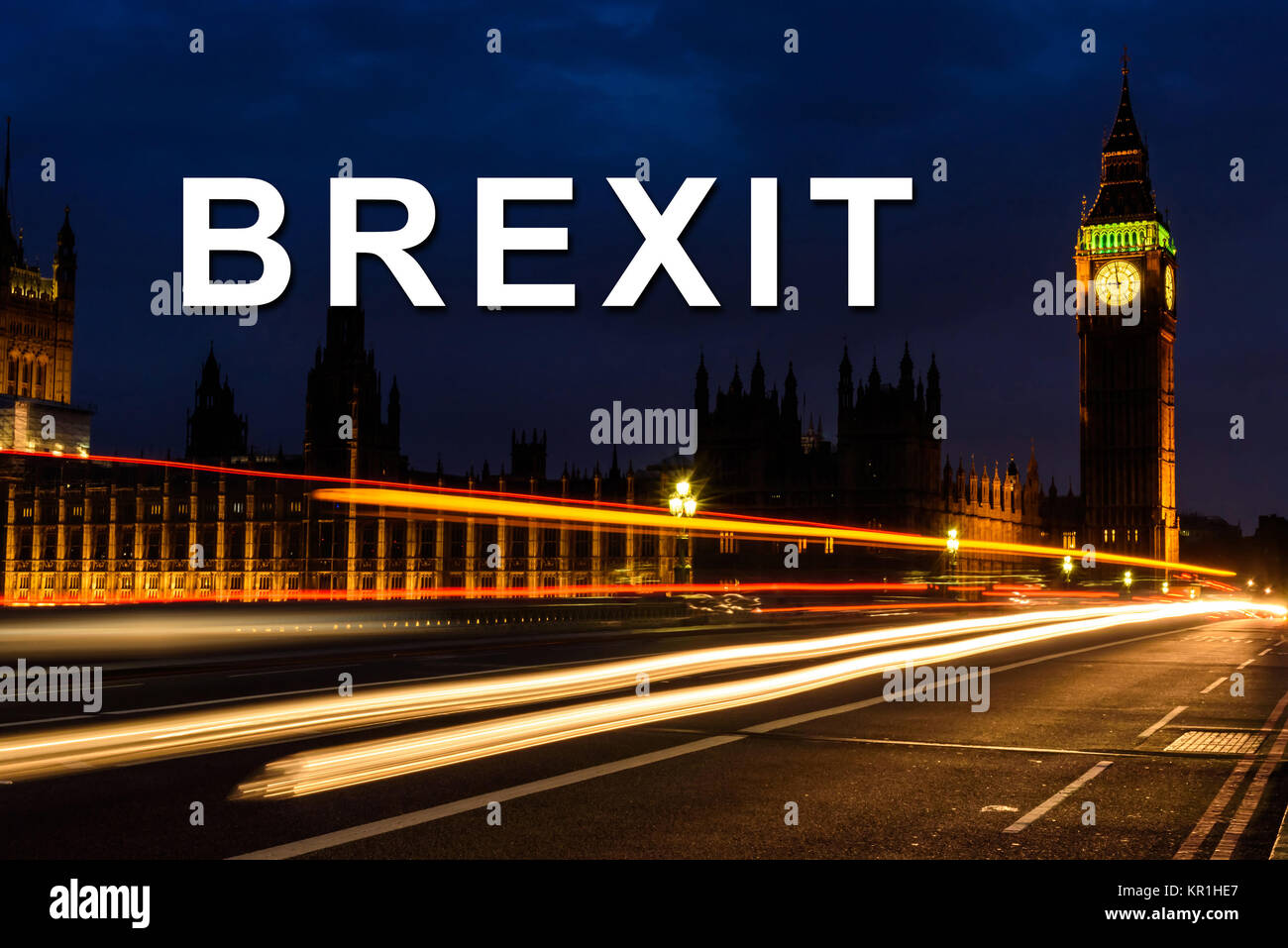 brexit or british exit with Light trail in the night at Big Ben Clock ...