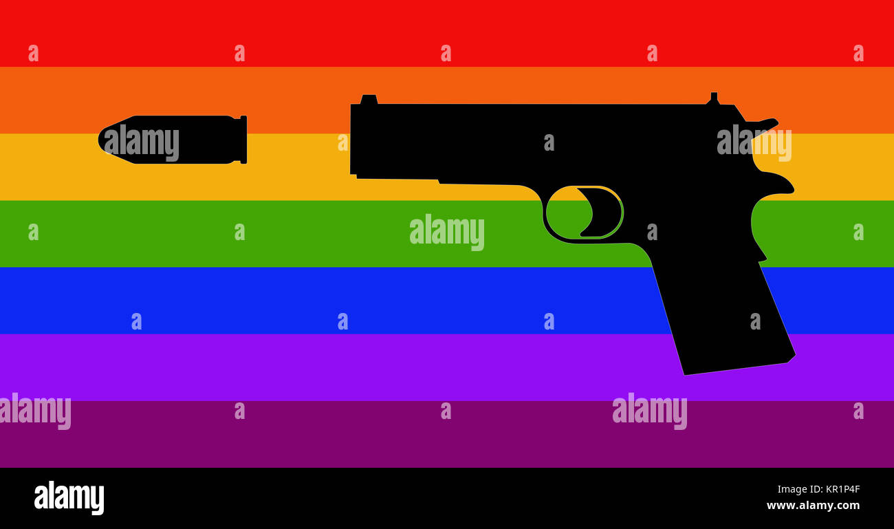 Homophobic Gun Crime - A Gun On Top of a Rainbow Coloured Flag Stock ...