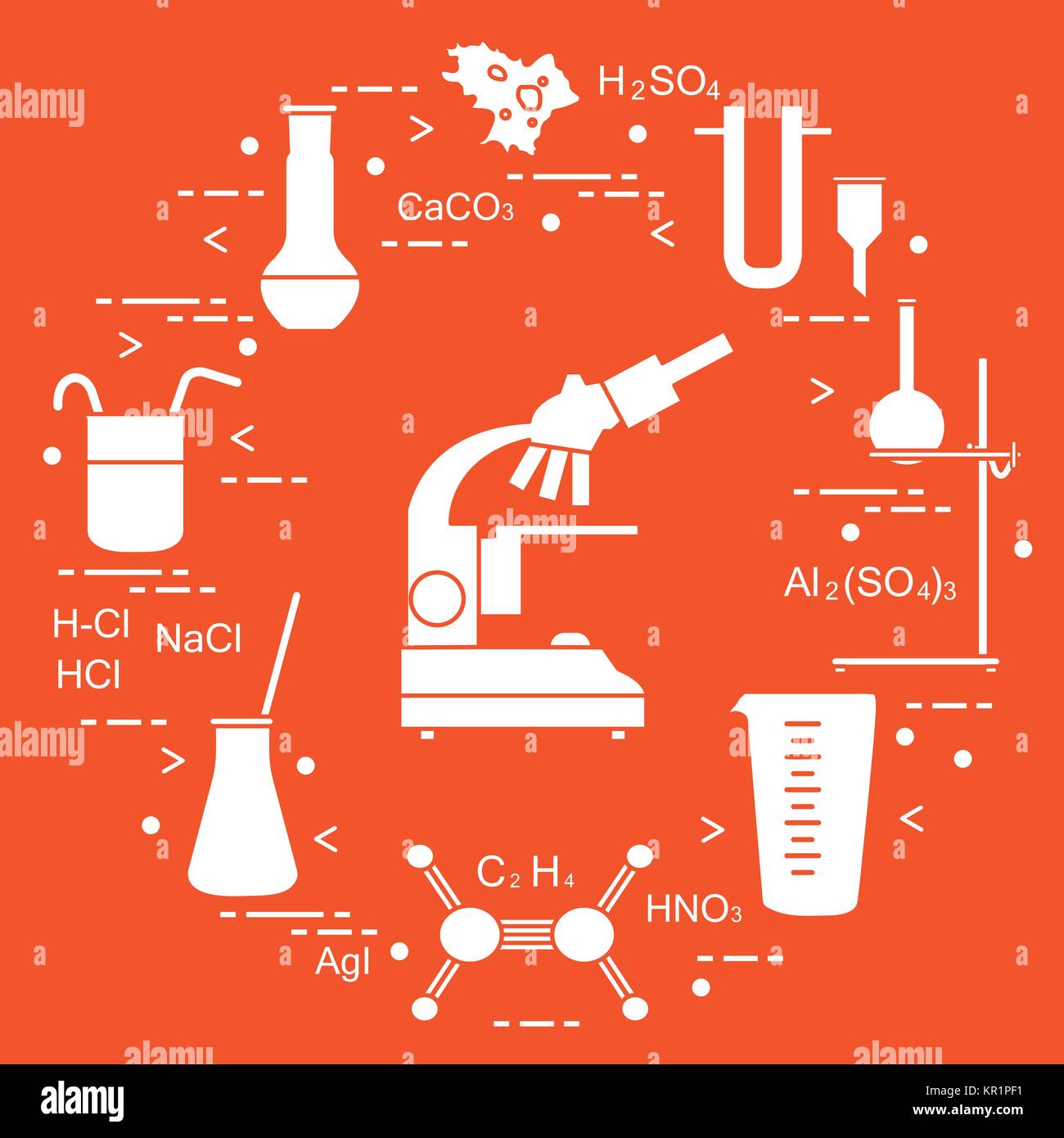 Chemistry scientific, education elements: microscope, flasks, tripod ...