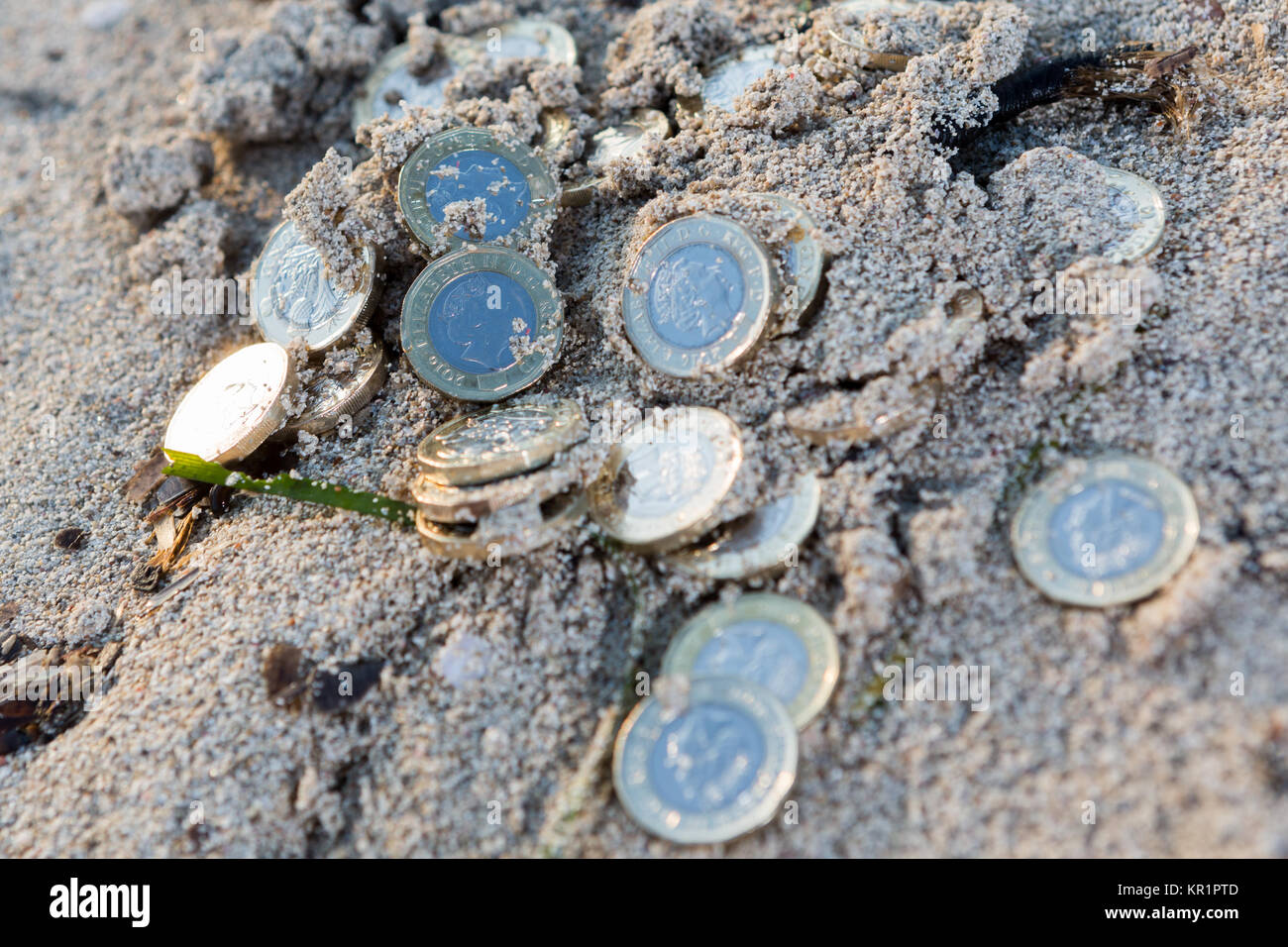 Pile of new Pound coins on the Beach Sand. New Pounds in a Warm Sunrise ...