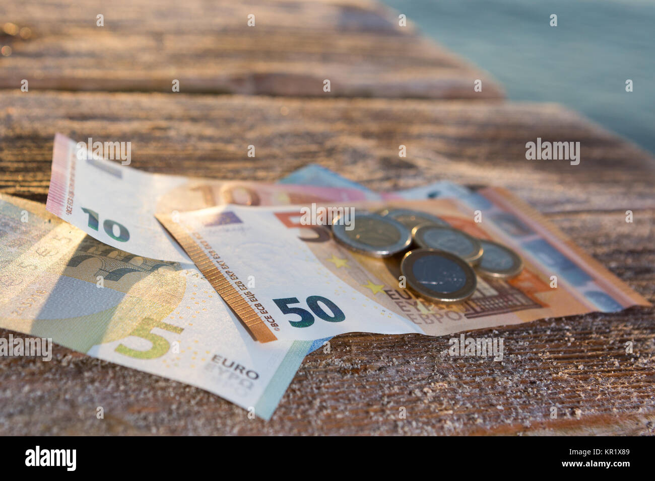 Euro Bills and Coins - Cash, Money Sunny Day on the Wood in a Warm ...