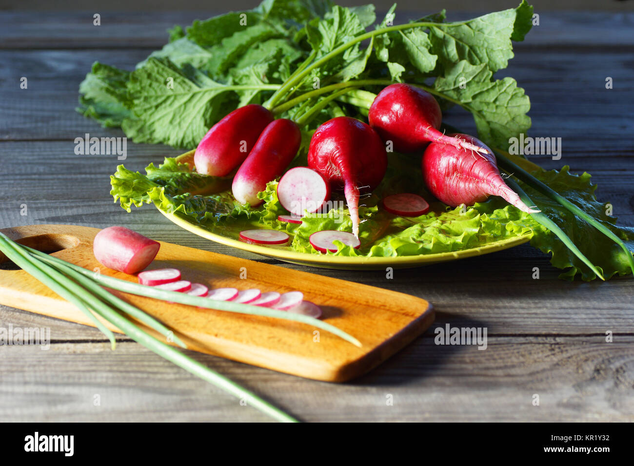 Still life with spring vegetables - radish, salad and green onions ...