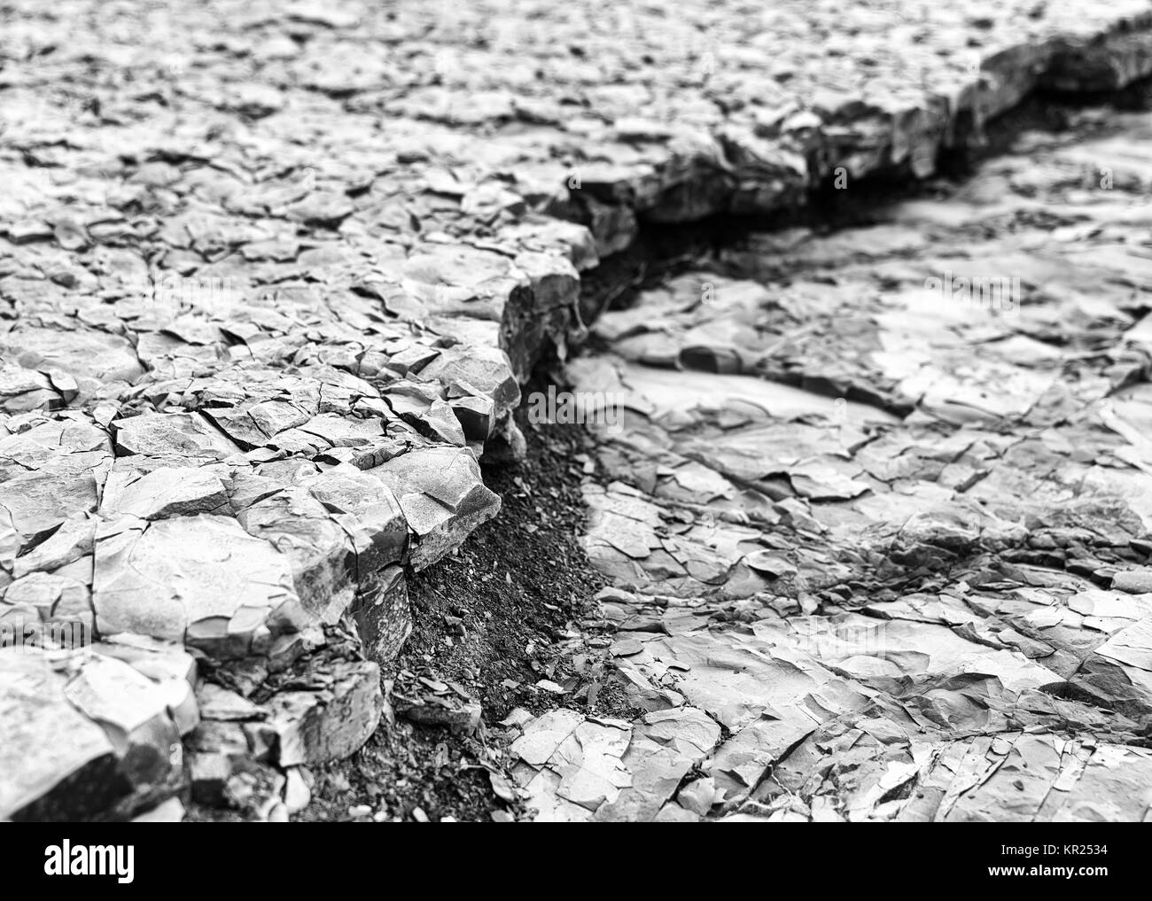 Horizontal black and white land cracked textured layer bokeh bac Stock ...