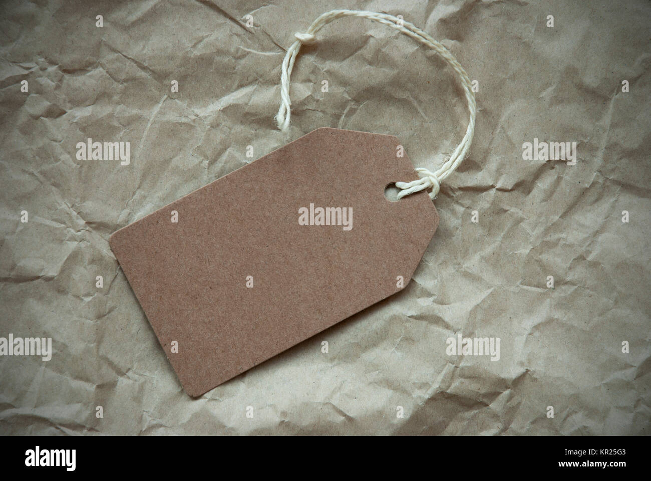 One Beige Label Or Tag With White Ribbon On Crumpled Paper. Background ...