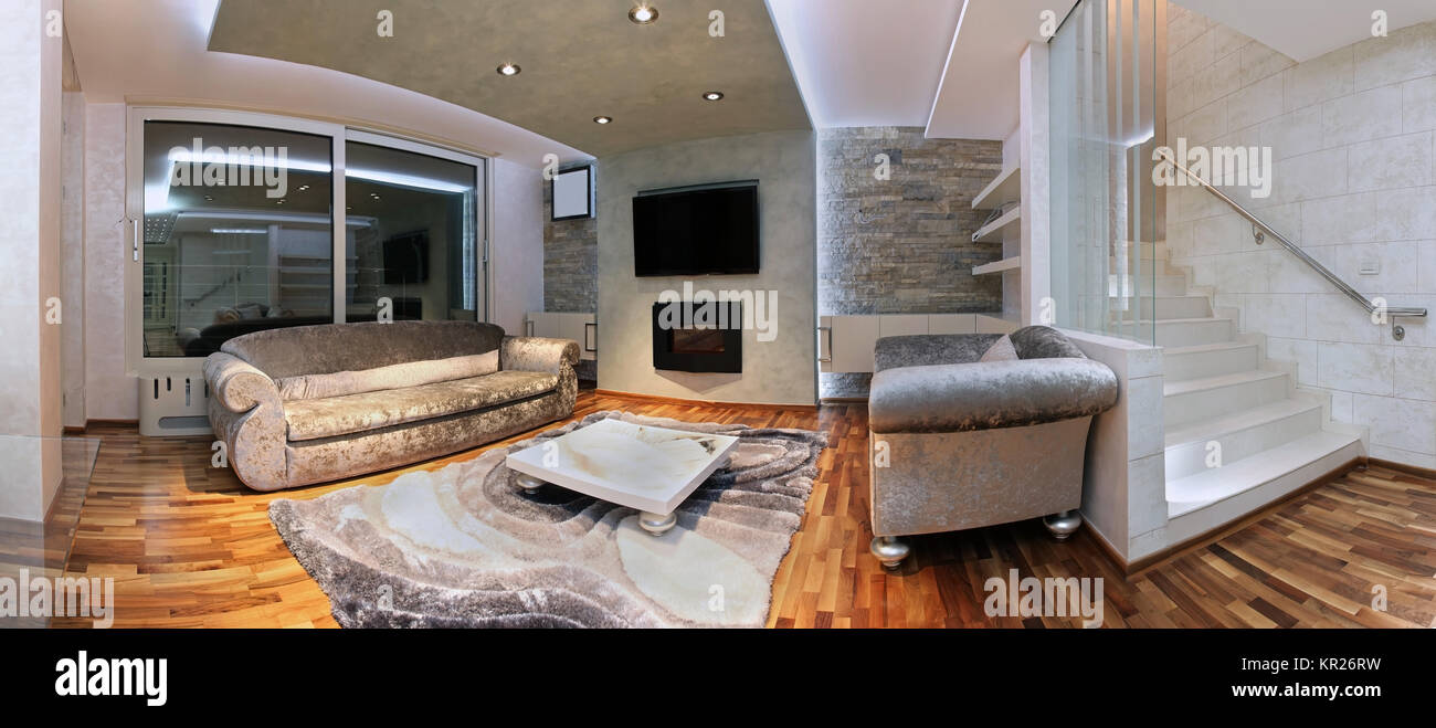 Panoramic living room Stock Photo - Alamy