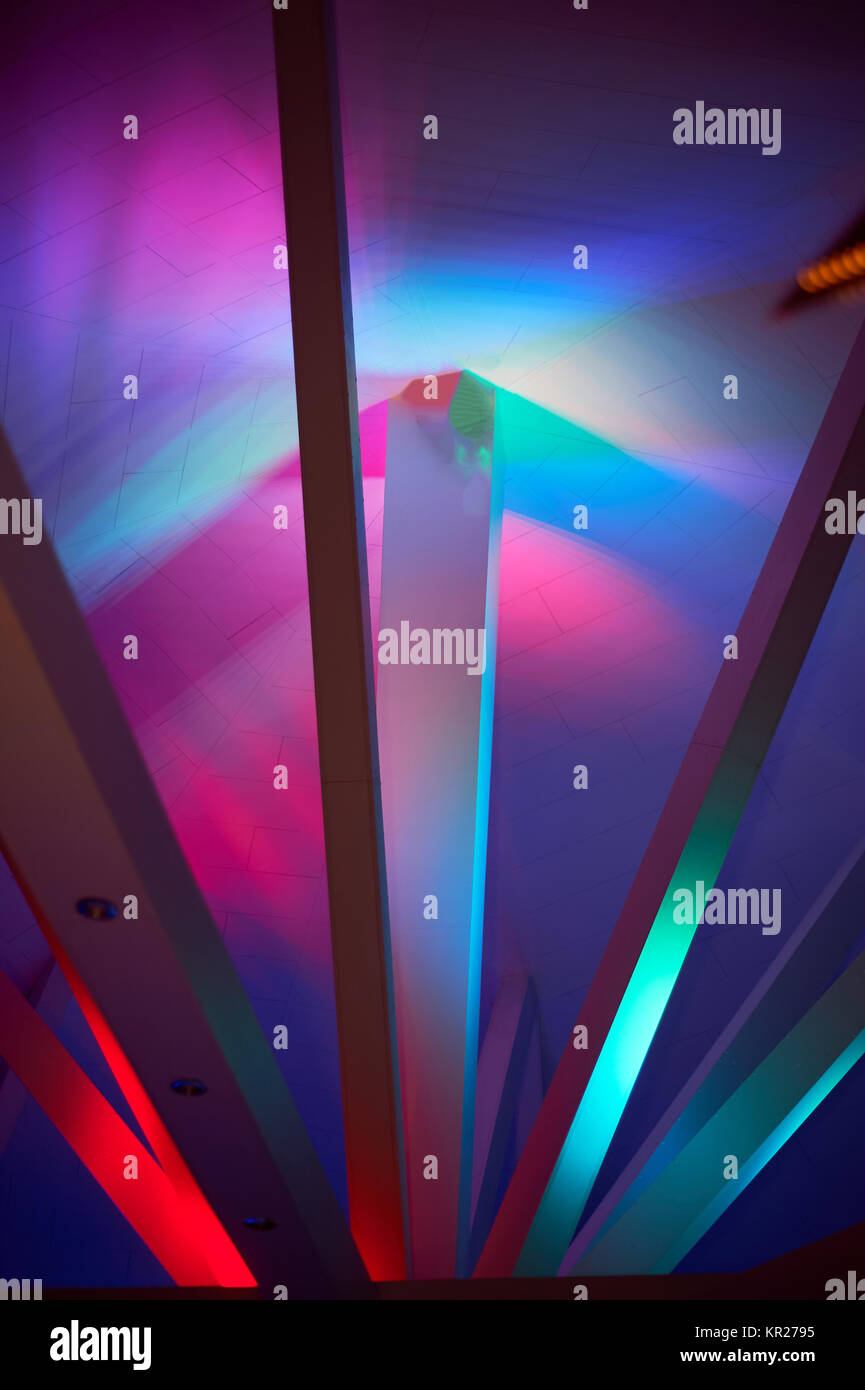 Abstraction. Beams under Polycom with coloured lights. Beautiful rich ...