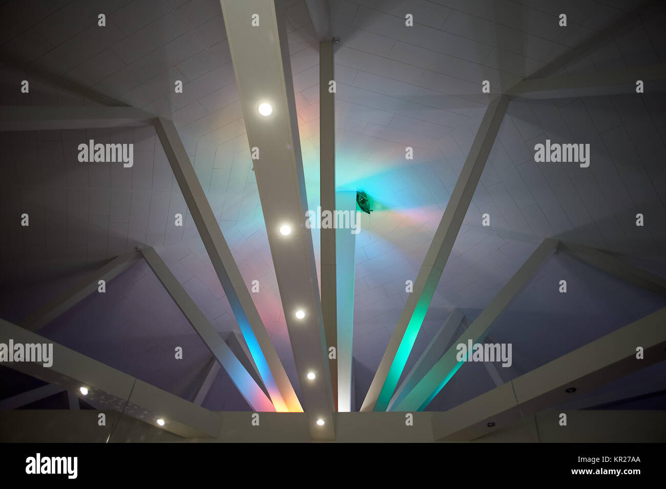 Abstraction. Beams under Polycom with coloured lights. Beautiful rich ...