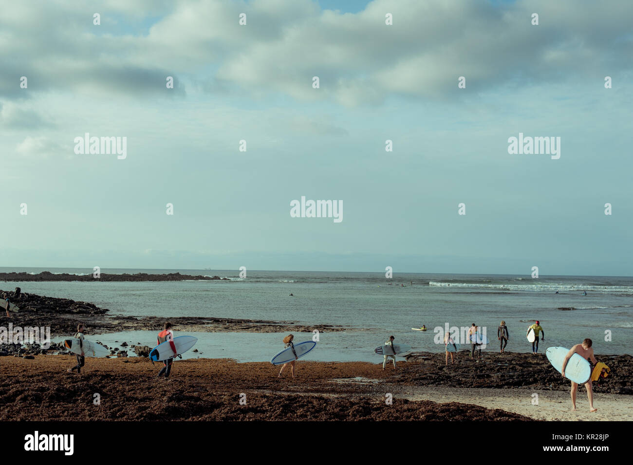 Surfers going in and out the water Stock Photo - Alamy