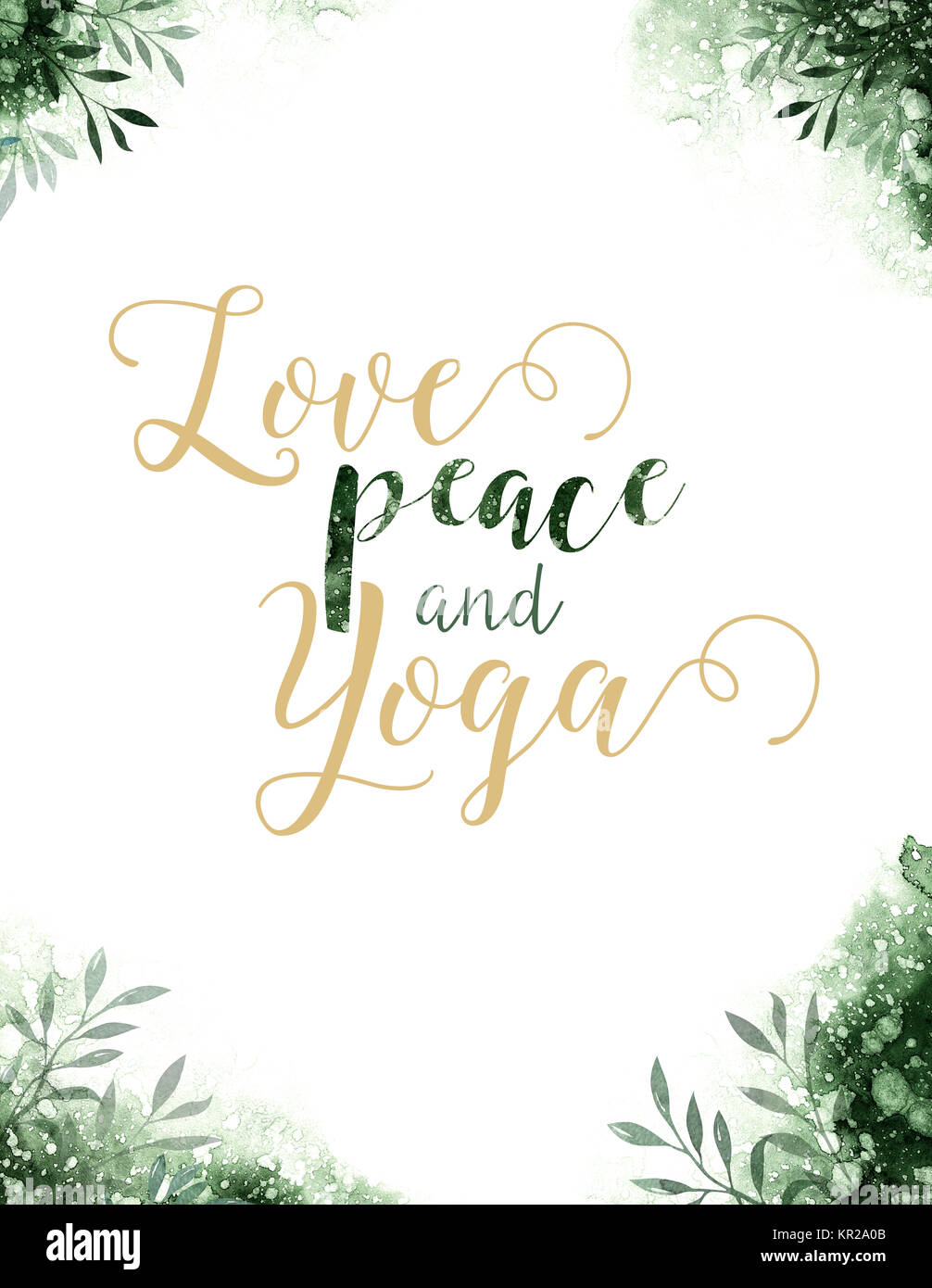 Watercolor greenery color backgraund poster yoga and love. green and ...