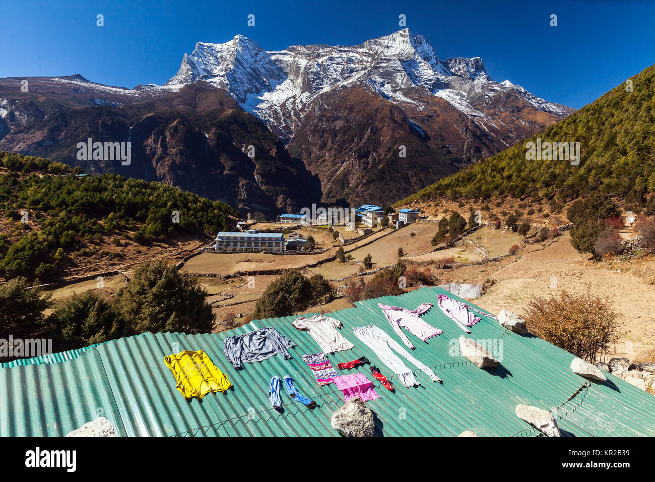 Namche Bazaar aerial view, Everest trek, Himalaya, Nepal Stock Photo ...