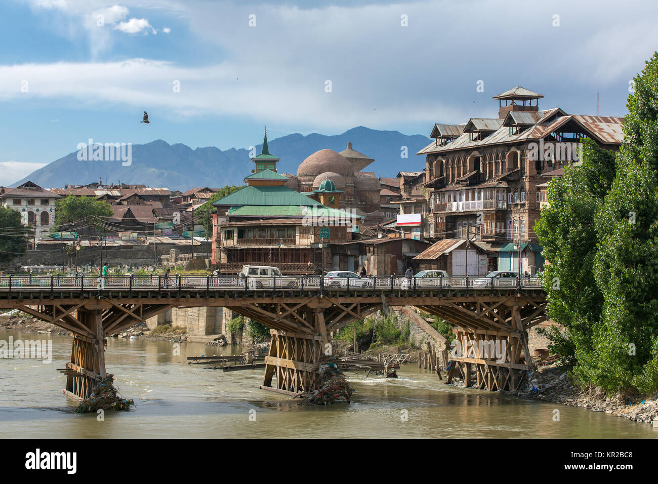 Riverside view of old town Srinagar from one of the bridges across ...