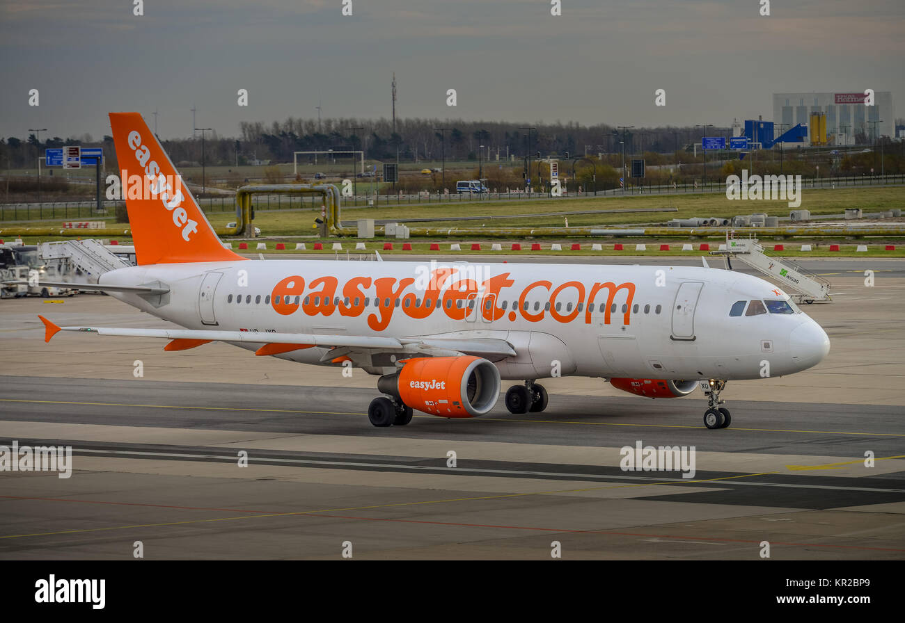 Easy jet airplane, airport beauty's field, Brandenburg, Germany ...