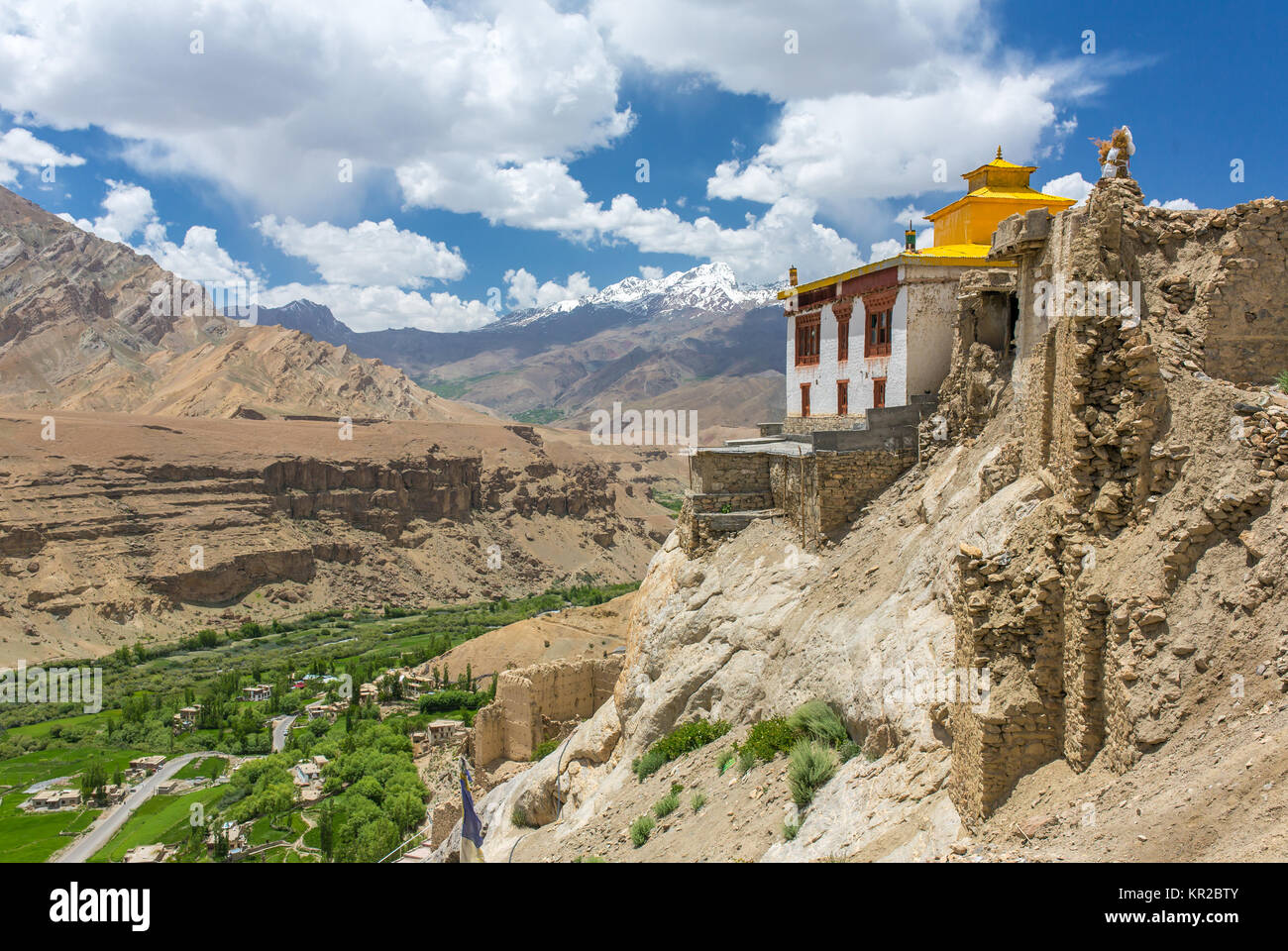 Beautiful Ladakh landscape with a Buddhist monastery and green valley ...
