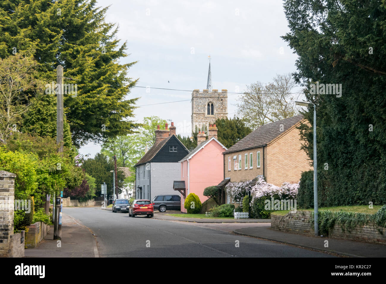 View of the church tower and High Street in the village of Fowlmere ...