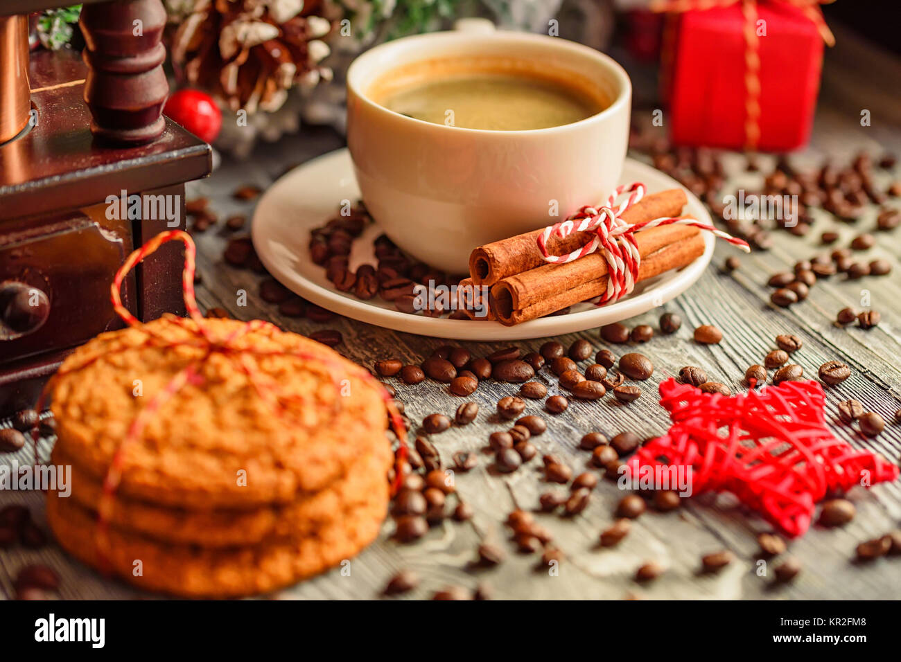 Cozy winter setting with cup of coffee Stock Photo - Alamy