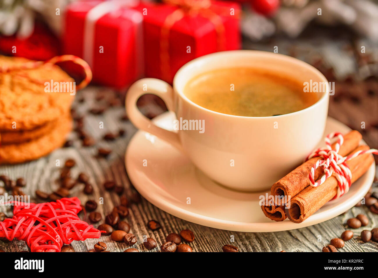 Cozy winter setting with cup of coffee Stock Photo - Alamy