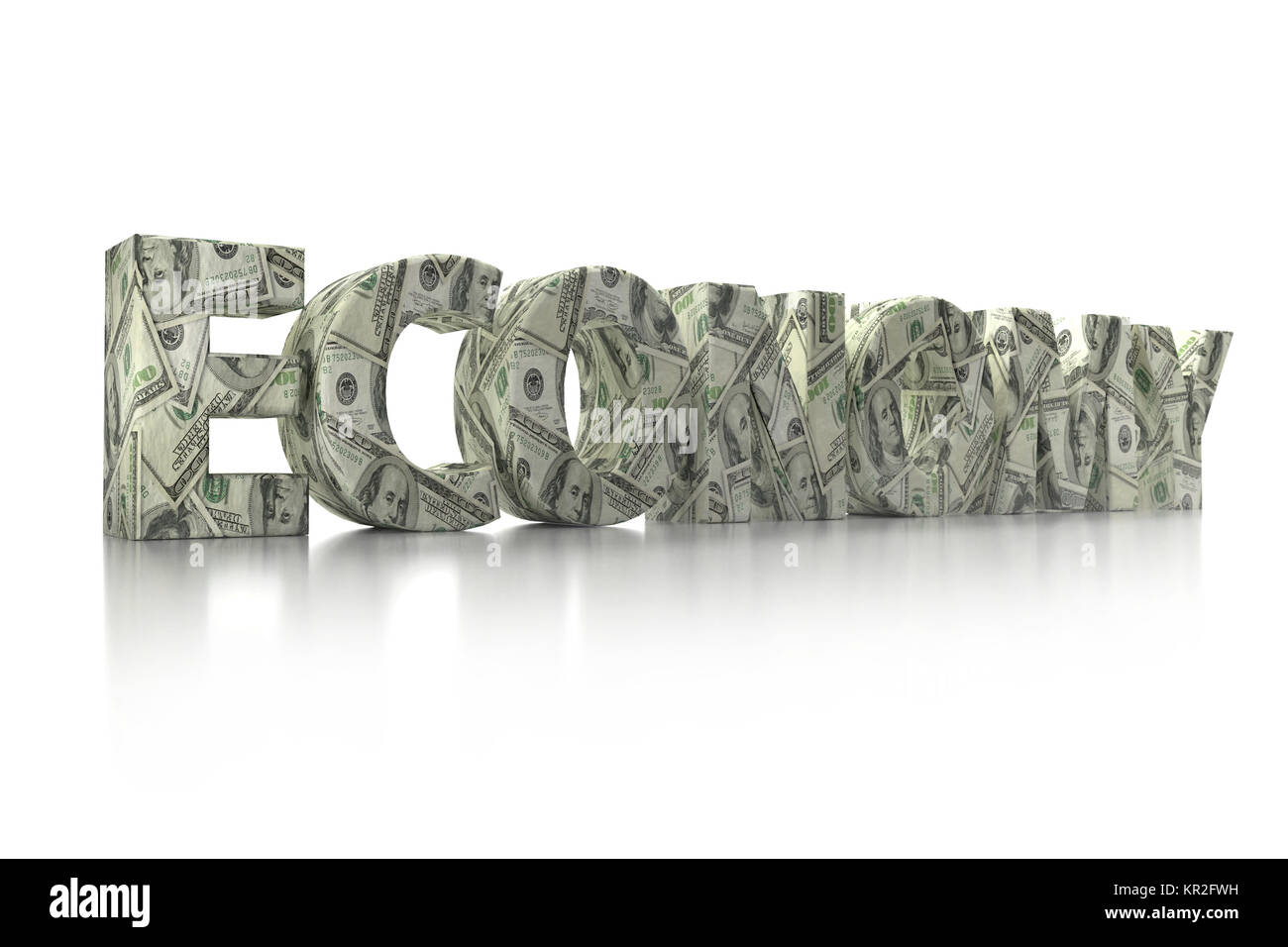 3D rendering of ECONOMY word wrapped around with 100 USD banknotes over ...