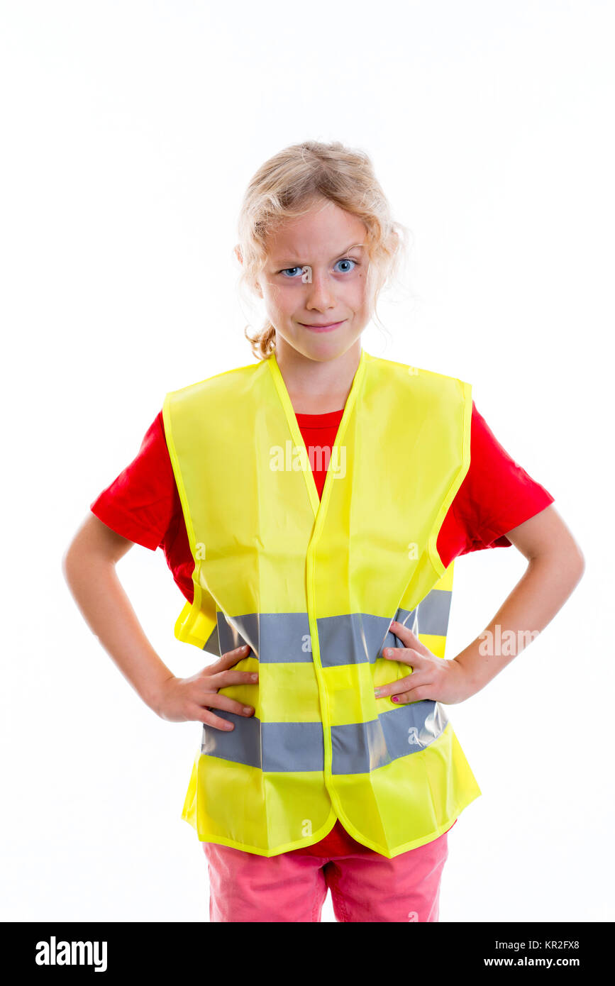 blond girl with reflective vest in front of white background Stock ...