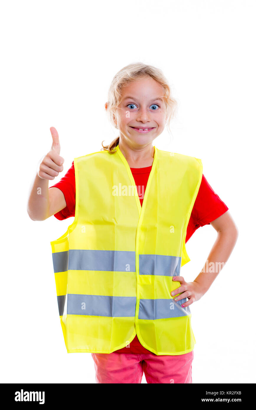 blond girl with reflective vest in front of white background Stock ...