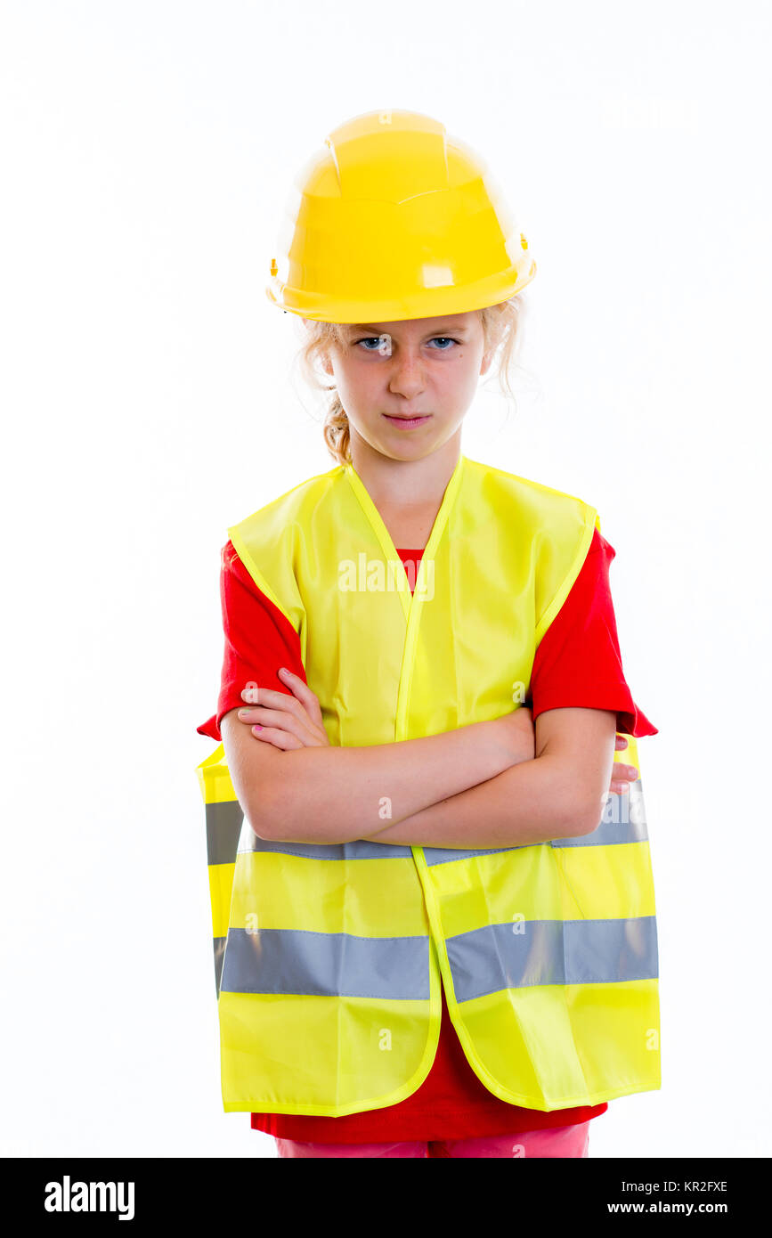 blond girl with reflective vest and helmet in front of white background ...