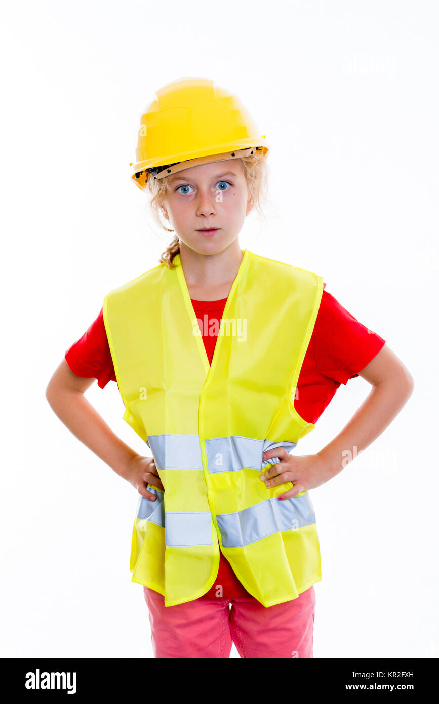 blond girl with reflective vest and helmet in front of white background ...