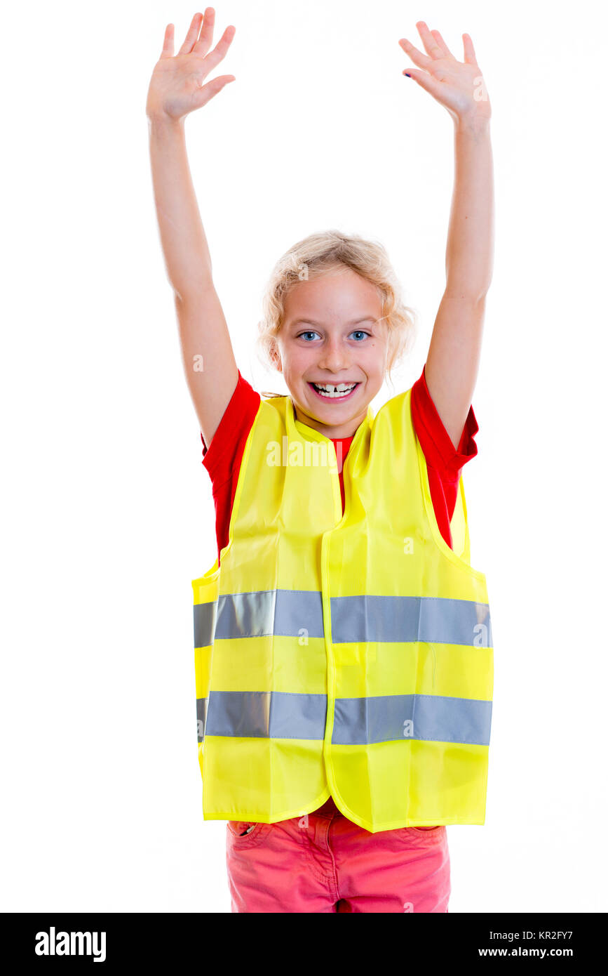 blond girl with reflective vest in front of white background Stock ...