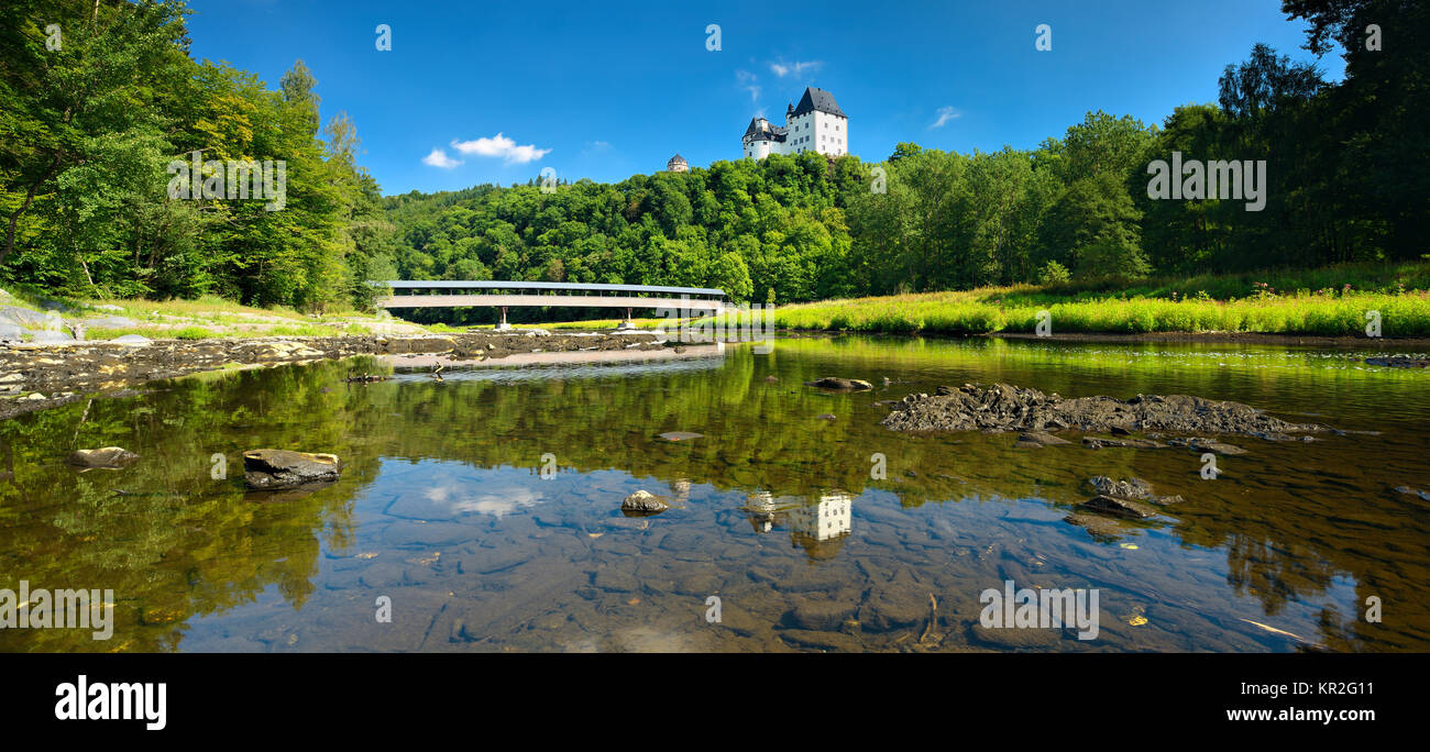 Castle Burgk Castle and covered wooden bridge on the river Saale, Burgk ...