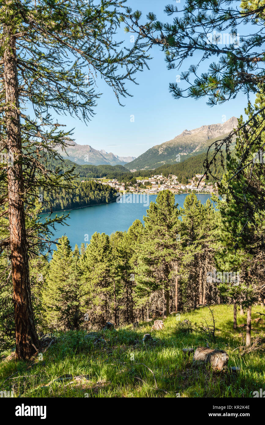 Distant view at St.Moritz Bad and Lake St.Moritz in Spring, Upper ...