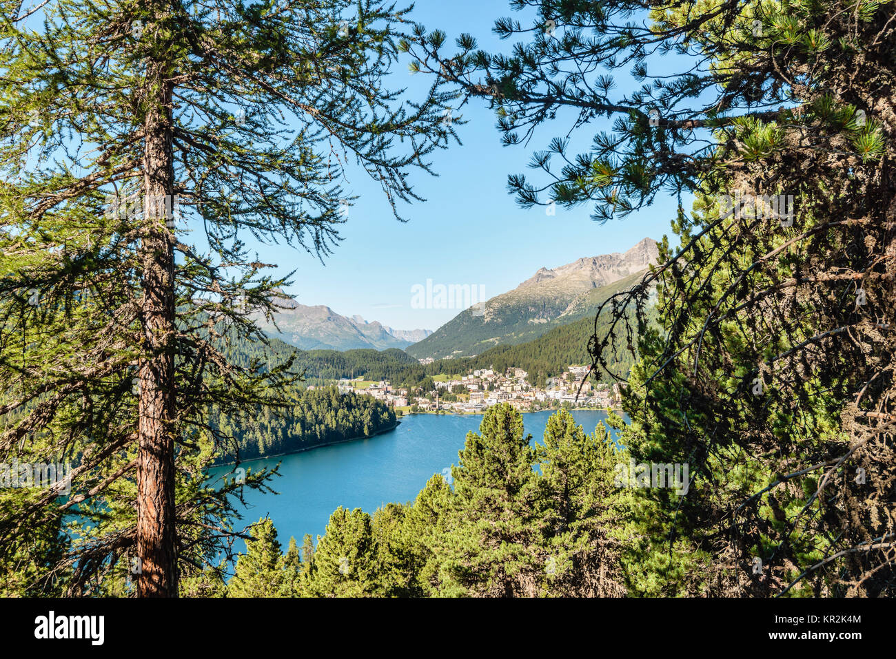 Distant view at St.Moritz Bad and Lake St.Moritz in Spring, Upper ...