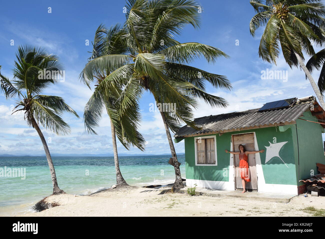 a woman on an island with coconut tree, house, orange dress - november ...