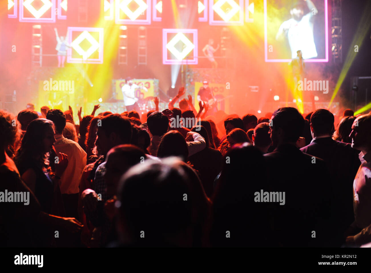 The audience watching the concert on stage in big concert club Stock ...